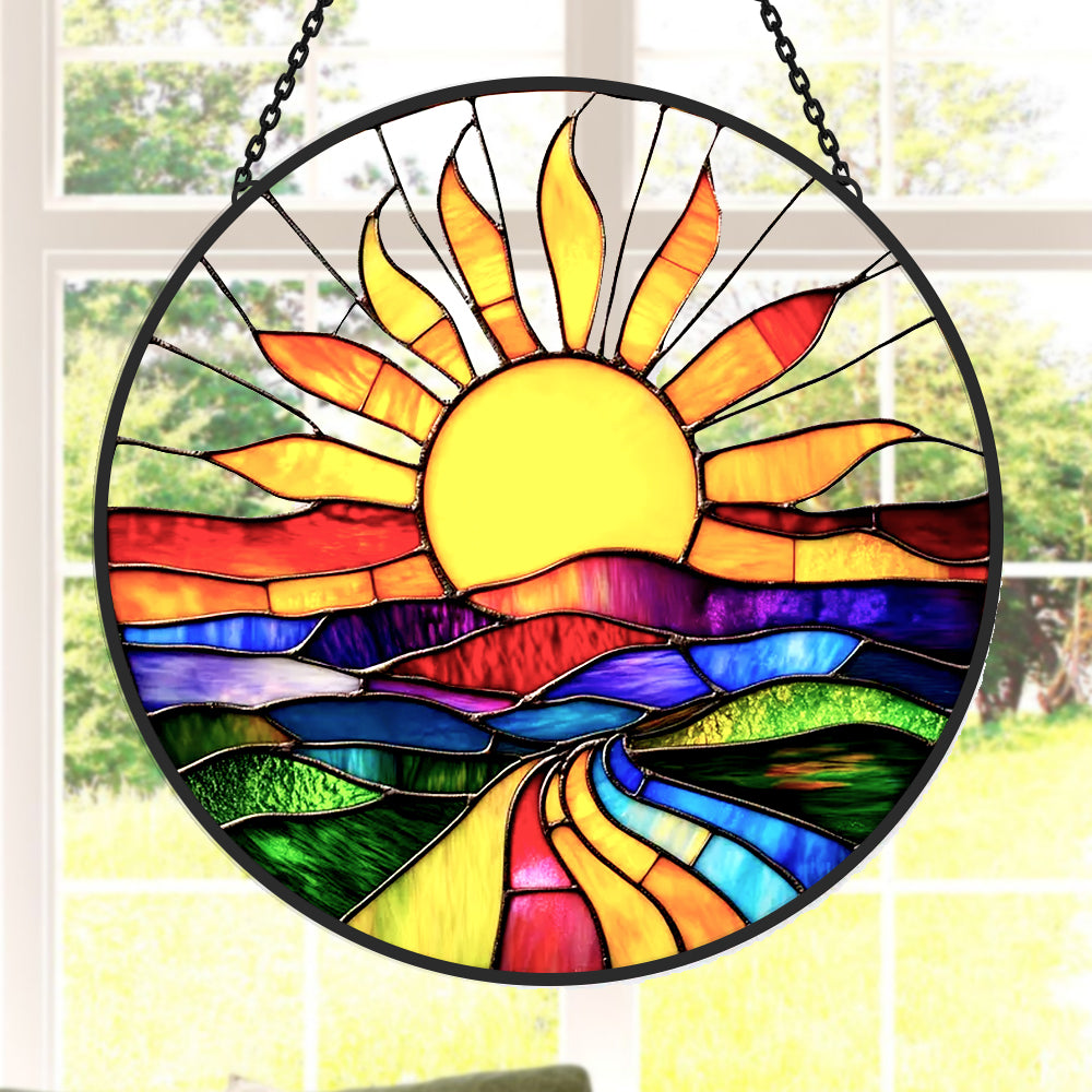 Colorful Sun Landscape Sun Catcher Decoration Stained Glass Window Han ...