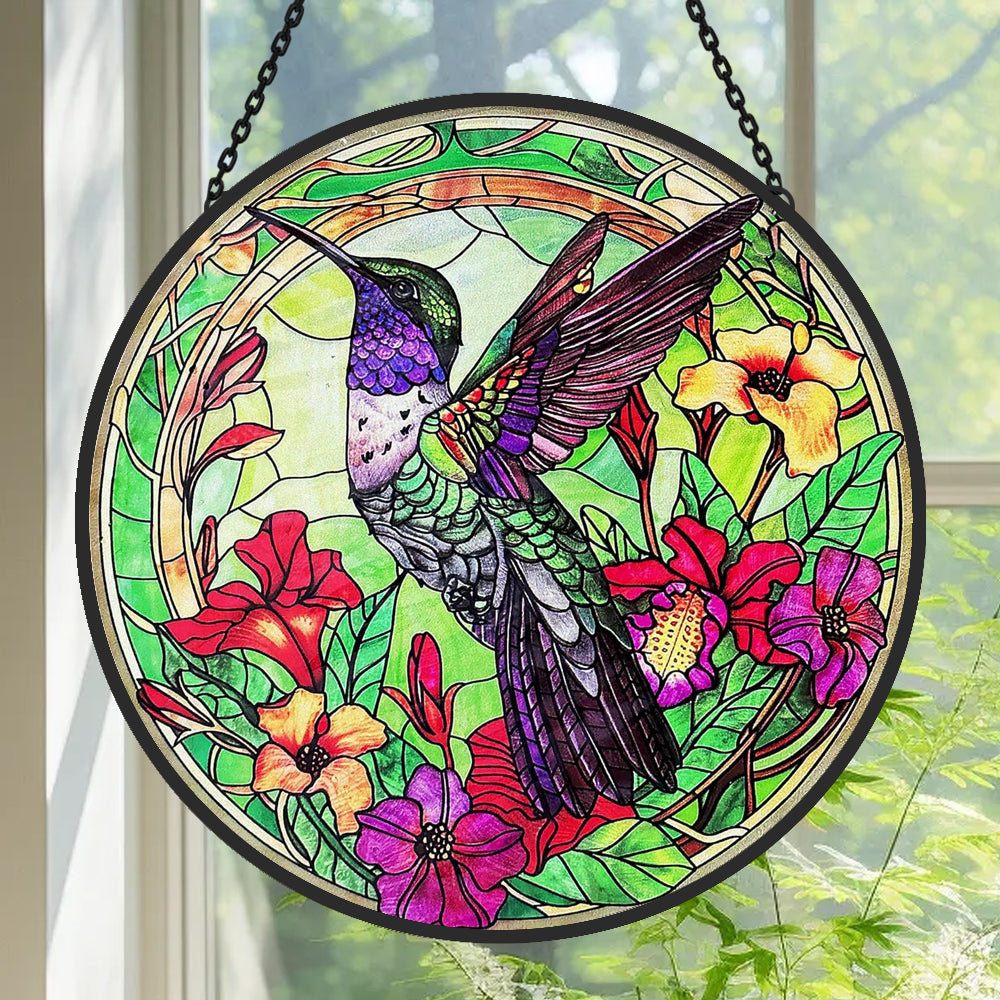 Hummingbirds and Flowers Sun Catcher Decoration Stained Glass Window H ...