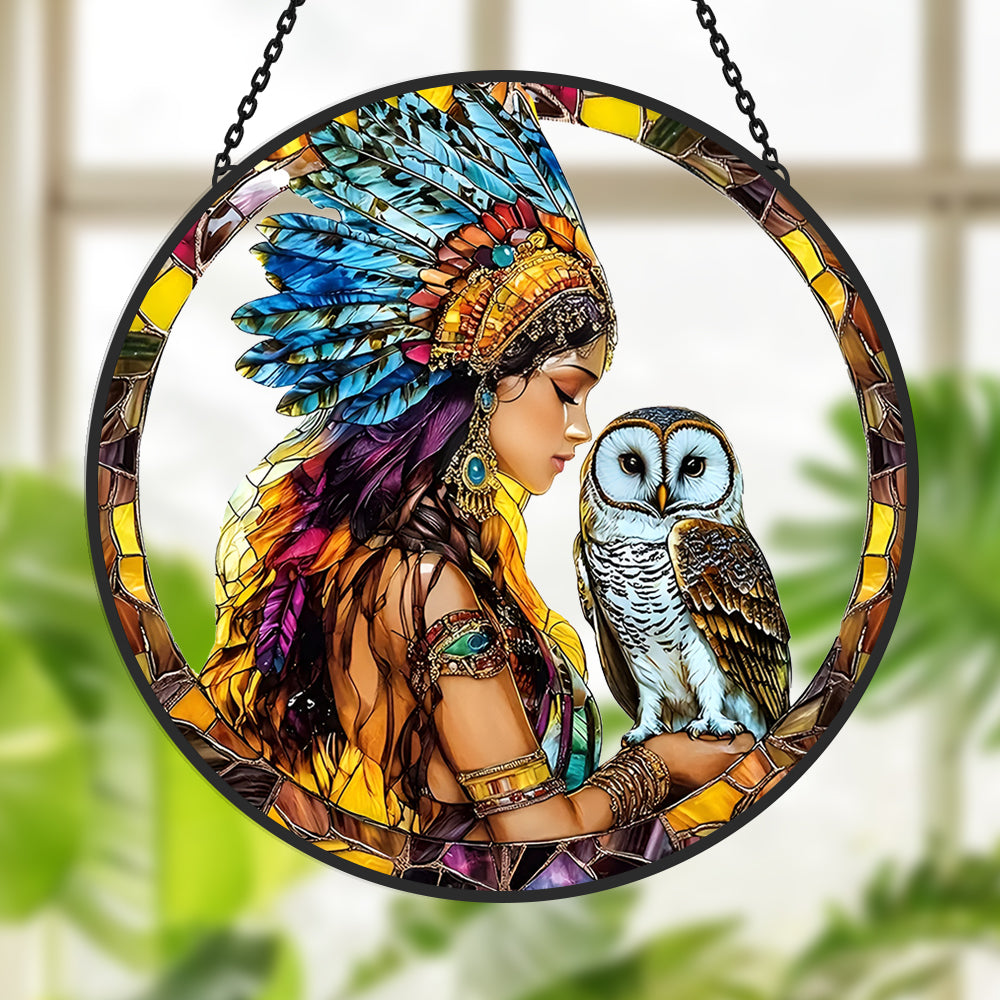Indigenous Woman and Owl Sun Catcher Decoration Stained Glass Window H ...